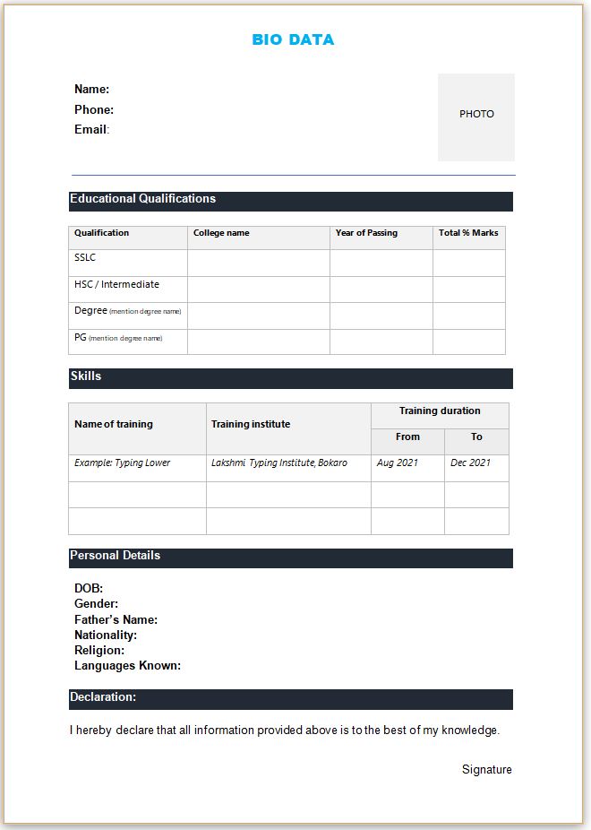 Good Bio Data Formats for Job & marriage - Word Free Download Good Bio Data Formats for Job & marriage - Word Free Download